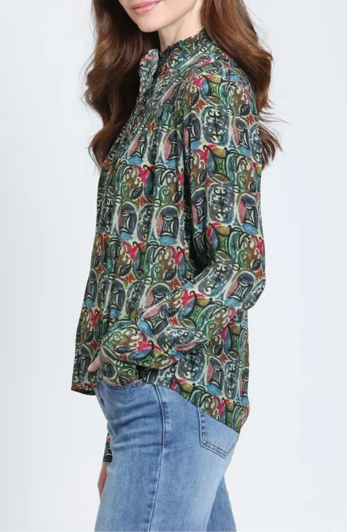 APNY Ruffled Half Placket Top - Moss/garnet Multi