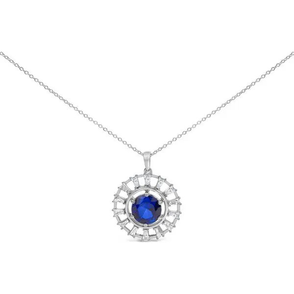 HAUS OF BRILLIANCE Sterling Lab Grown Sapphire And 3/5 Cttw Baguette Diamond Medallion Pendant Necklace - Silver