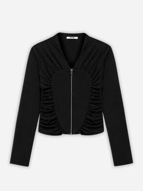 NOCTURNE Ruffle Trim Zip Front Blouse - Black