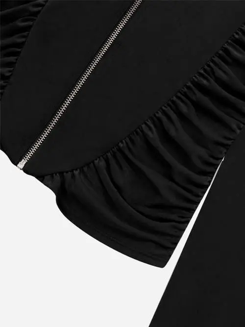 NOCTURNE Ruffle Trim Zip Front Blouse - Black