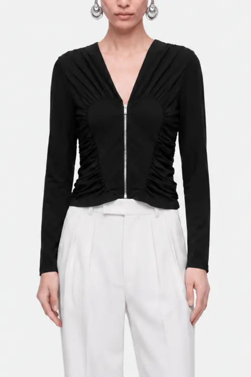 NOCTURNE Ruffle Trim Zip Front Blouse - Black