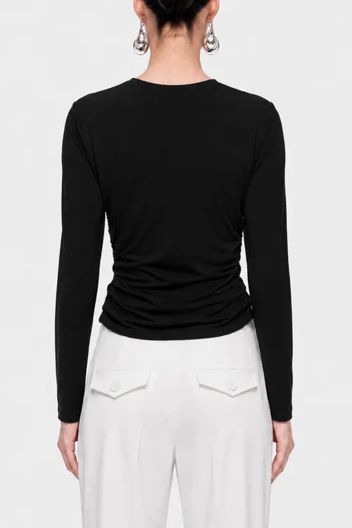 NOCTURNE Ruffle Trim Zip Front Blouse - Black