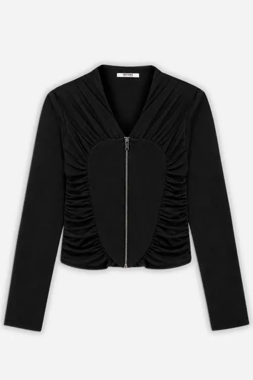 NOCTURNE Ruffle Trim Zip Front Blouse - Black