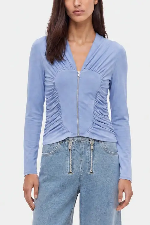 NOCTURNE Ruffle Trim Zip Front Blouse - Blue