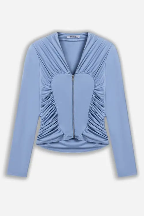 NOCTURNE Ruffle Trim Zip Front Blouse - Blue