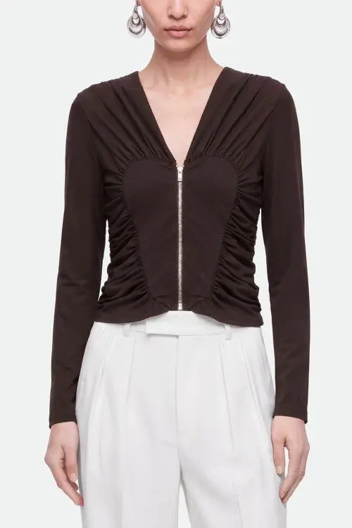 NOCTURNE Ruffle Trim Zip Front Blouse - Brown