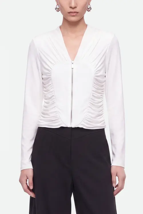 NOCTURNE Ruffle Trim Zip Front Blouse - White