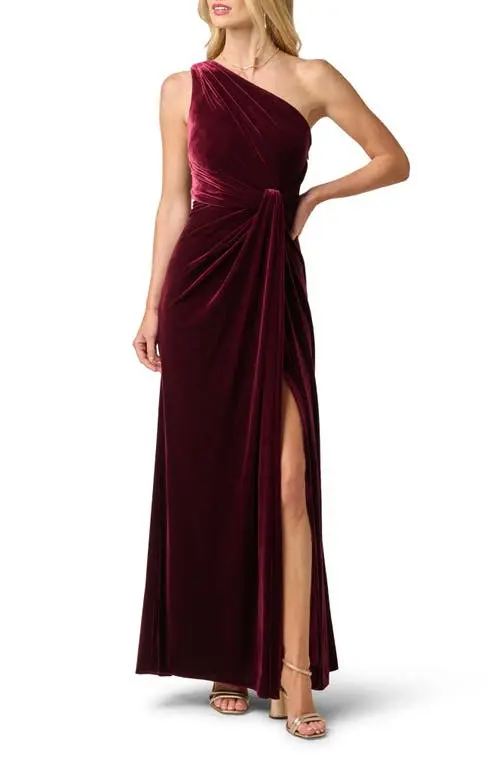 Adrianna Papell One Shoulder Stretch Velvet Twist Knot Draped Gown - Bordeaux