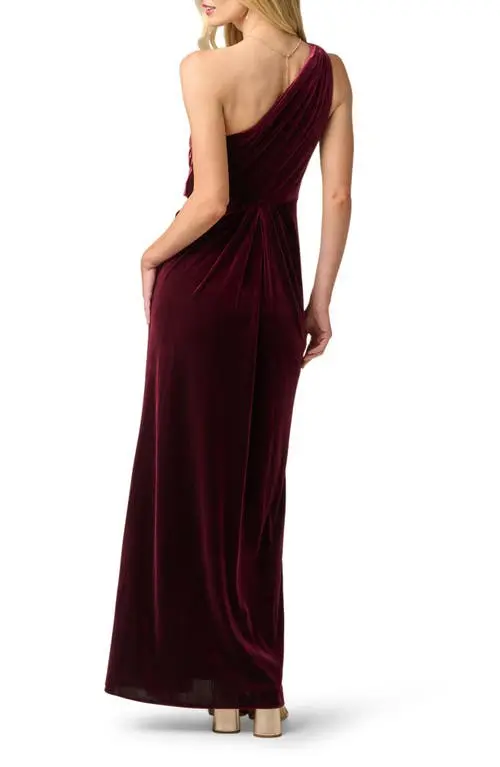 Adrianna Papell One Shoulder Stretch Velvet Twist Knot Draped Gown