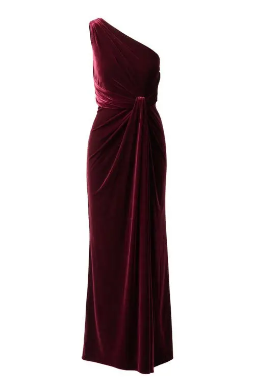 Adrianna Papell One Shoulder Stretch Velvet Twist Knot Draped Gown
