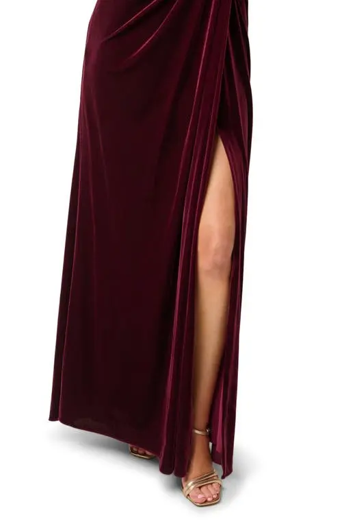 Adrianna Papell One Shoulder Stretch Velvet Twist Knot Draped Gown