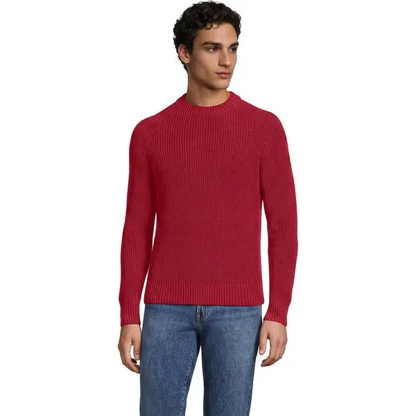 LANDS' END Cotton Drifter Saddle Crewneck Shaker Sweater - Cardinal Red