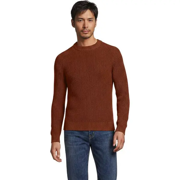 LANDS' END Cotton Drifter Saddle Crewneck Shaker Sweater - Fresh Cinnamon