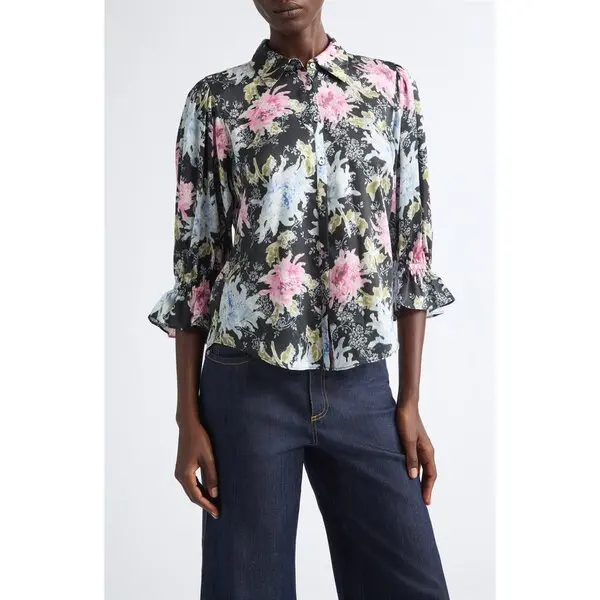 Cinq À Sept Fiona Ikat Dahlia Three-quarter Sleeve Shirt - Black Multi