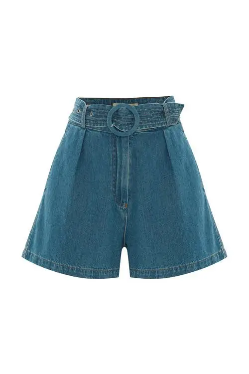 EXQUISE Belted Denim Look Relaxed Shorts - Indigo