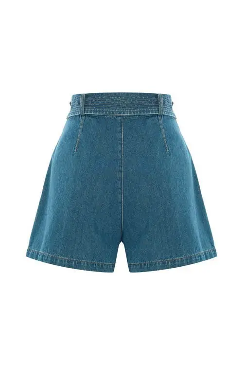 EXQUISE Belted Denim Look Relaxed Shorts - Indigo