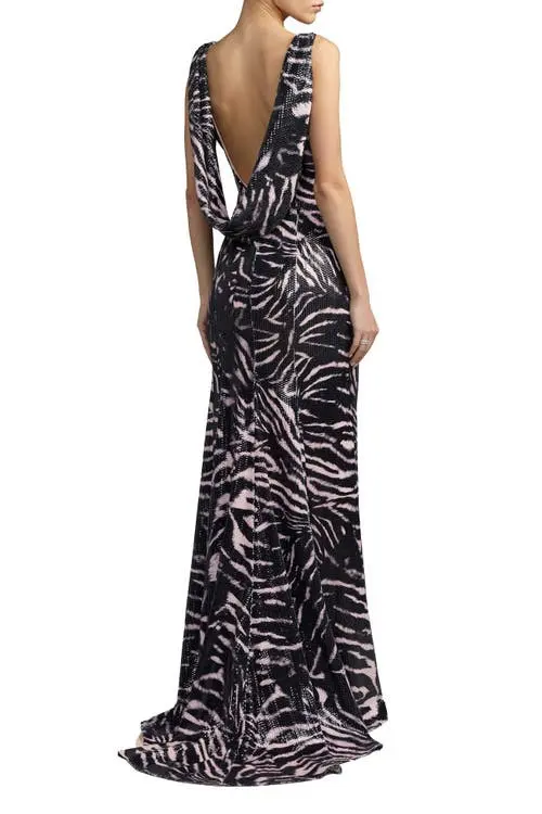 Mac Duggal Tiger Print Cowl Back Sequin Gown
