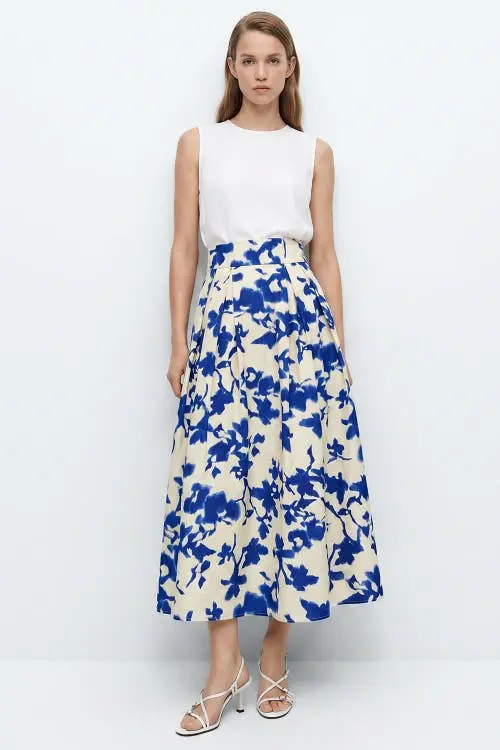 EXQUISE Elastic Waist Pleated Regular Midi Skirt