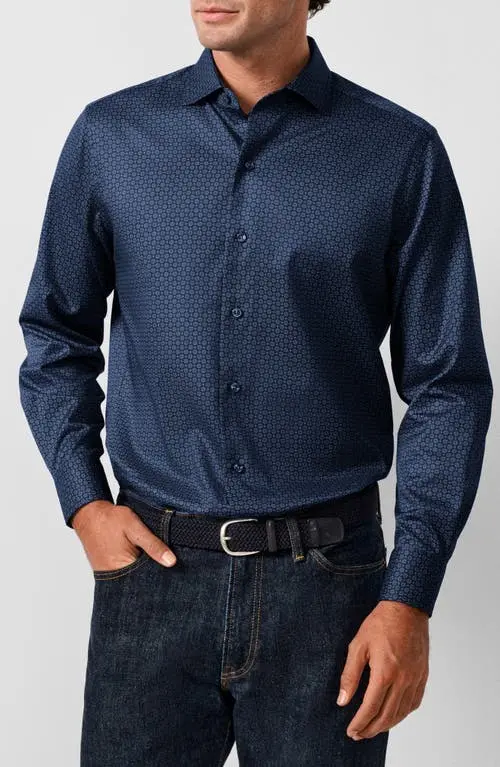 David Donahue Regular Fit Geometric Pima Cotton Shirt - Navy