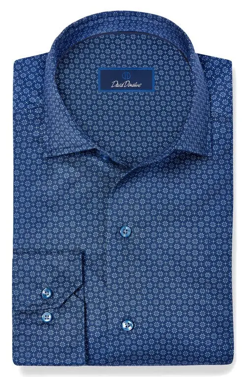 David Donahue Regular Fit Geometric Pima Cotton Shirt - Navy