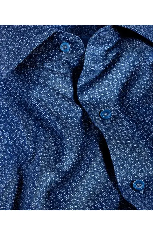 David Donahue Regular Fit Geometric Pima Cotton Shirt - Navy