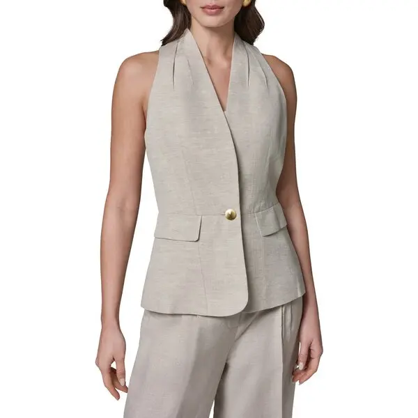 Donna Karan New York Collarless Linen Blend Vest - Flax