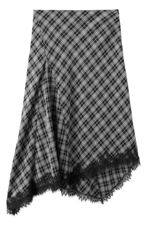 Mango Lace Trim Plaid Midi Skirt