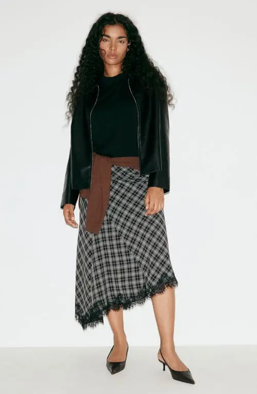 Mango Lace Trim Plaid Midi Skirt