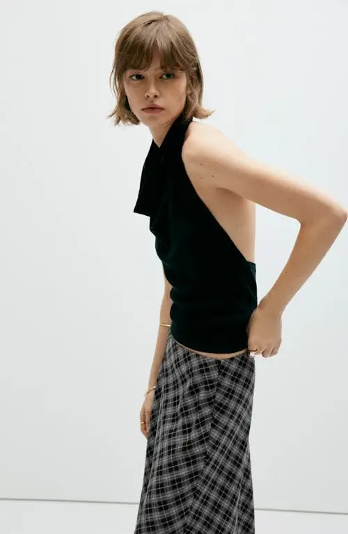 Mango Lace Trim Plaid Midi Skirt