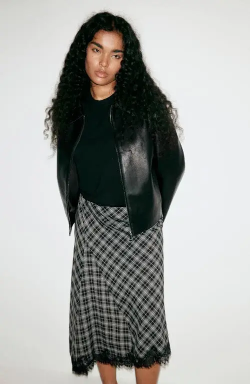 Mango Lace Trim Plaid Midi Skirt