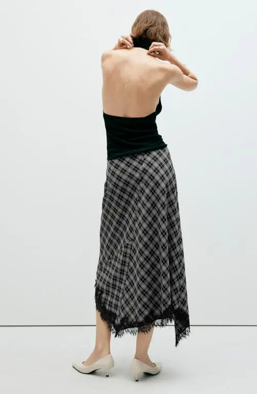 Mango Lace Trim Plaid Midi Skirt - Black