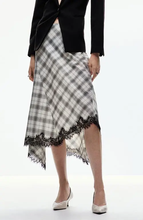 Mango Lace Trim Plaid Midi Skirt - White