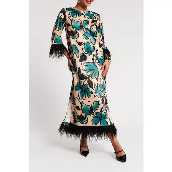 FRANCES VALENTINE Belle Maxi Dress Abstract Meadow - Teal/camel