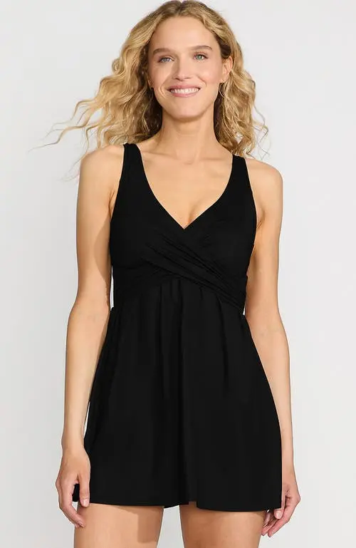 LANDS' END Slendersuit V-neck Wrap Swim Dress One Piece Swimsuit Adjustable Straps - Black