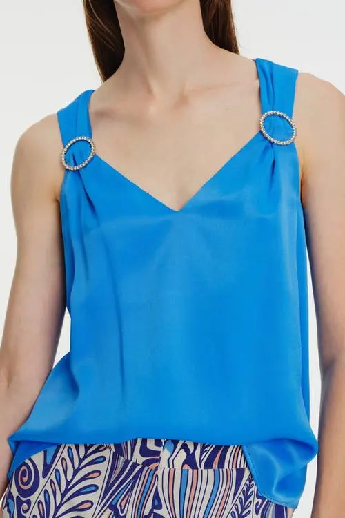 EXQUISE V Neck Crystal Buckle Sleeveless Blouse