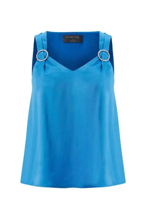EXQUISE V Neck Crystal Buckle Sleeveless Blouse