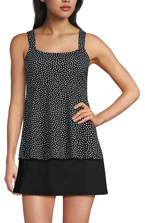 LANDS' END Adjustable Scoop Neck Flutter Tankini Top - Black Mini Dot