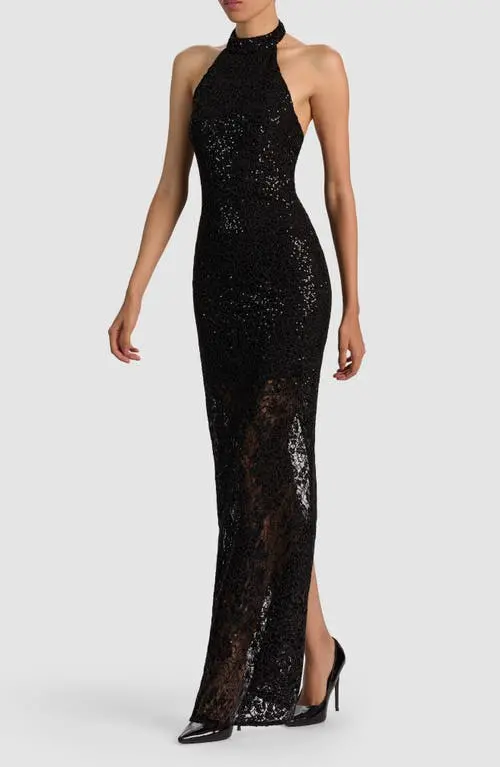 Alice + Olivia Koi Embellished Lace Halter Gown