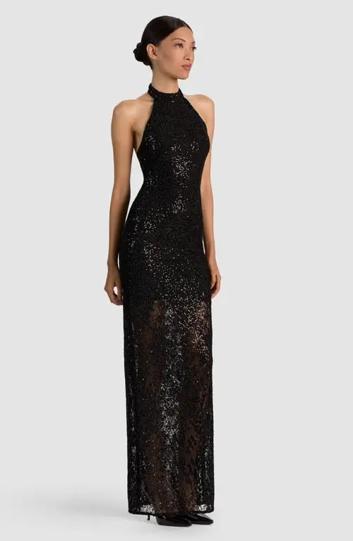 Alice + Olivia Koi Embellished Lace Halter Gown