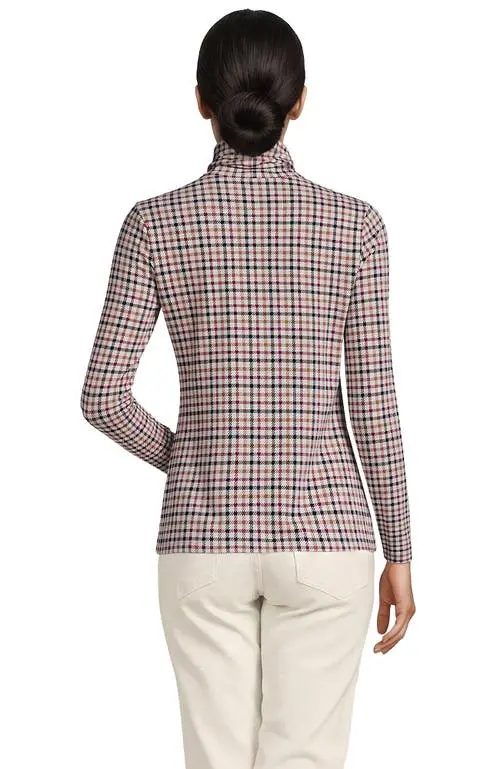 LANDS' END Lightweight Jersey Long Sleeve Turtleneck - Honey Beige/raspberry Check