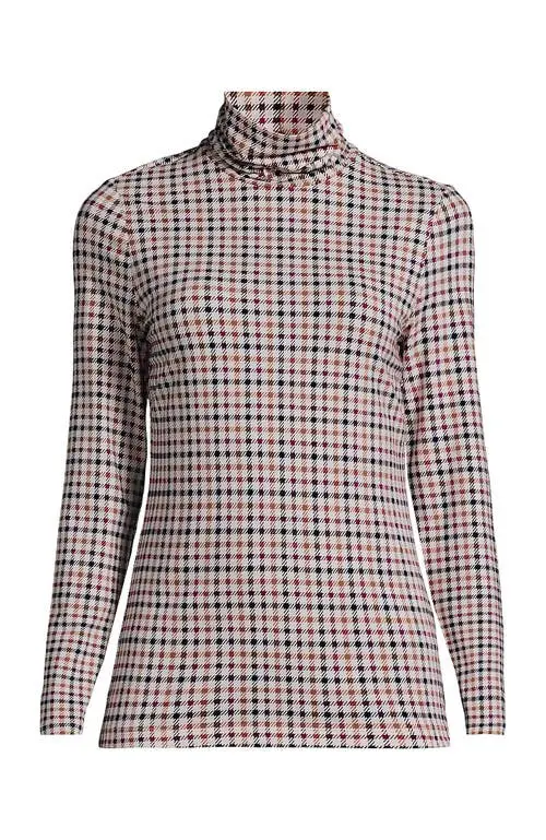 LANDS' END Lightweight Jersey Long Sleeve Turtleneck - Honey Beige/raspberry Check