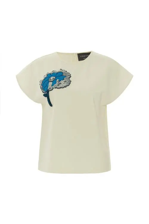 EXQUISE Embroidered Detail Crew Neck T Shirt