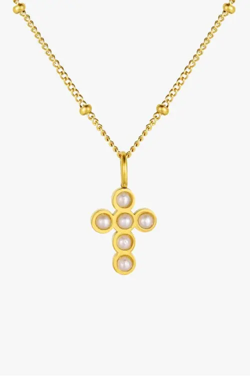 ATOLEA Pearl Cross Necklace - Gold