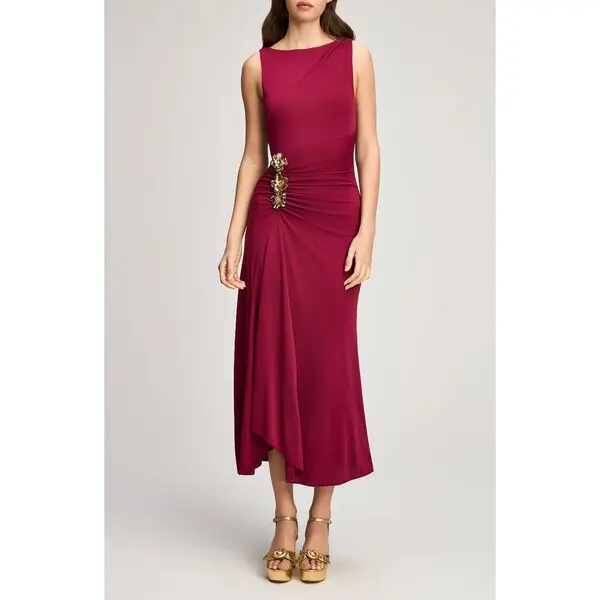 Cinq À Sept Eliro Ruched Bateau Neck Midi Dress - Beet Red