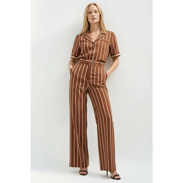 EXQUISE Striped Belted Wide Leg Pants
