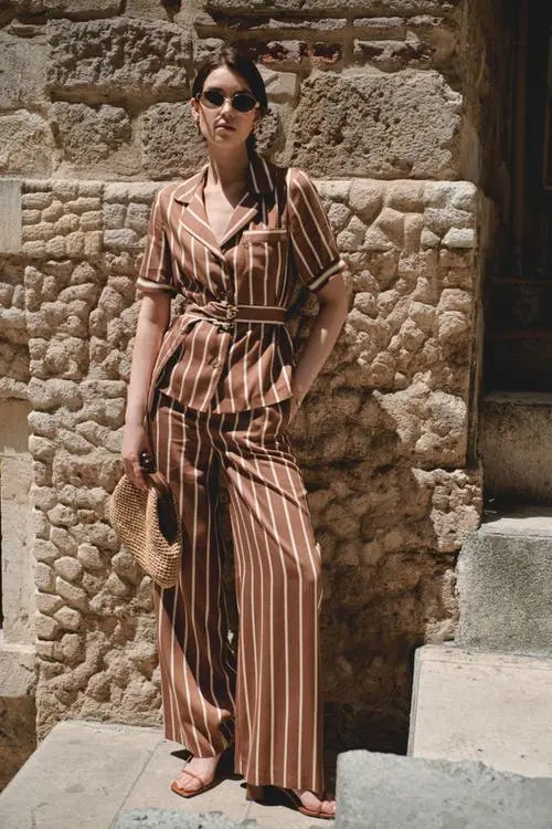 EXQUISE Striped Belted Wide Leg Pants