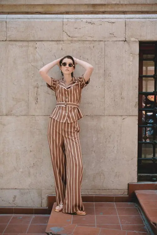 EXQUISE Striped Belted Wide Leg Pants