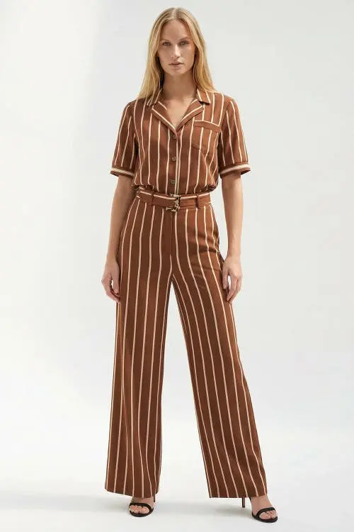 EXQUISE Striped Belted Wide Leg Pants
