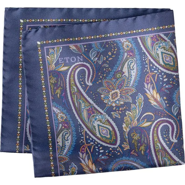 Eton Paisley Silk Twill Pocket Square - Blue