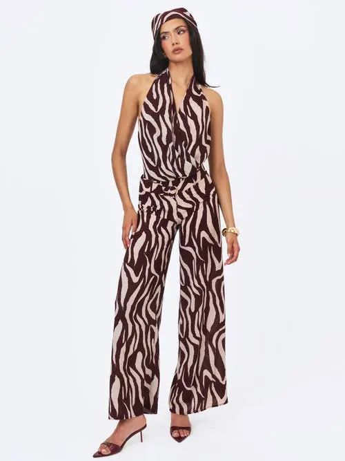 MISS CIRCLE NEW YORK Ashlyn Abstract Zebra Print Belted Halter Jumpsuit